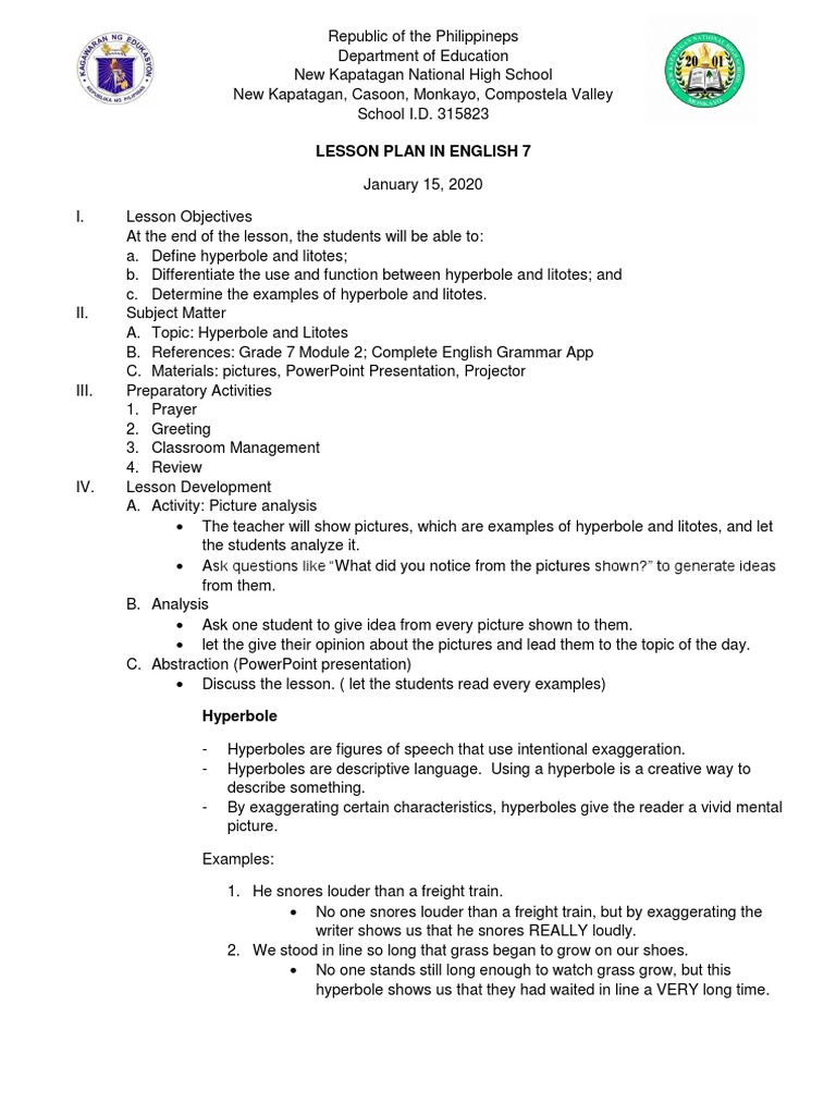 LESSON PLAN IN ENGLISH 7 Hyperbole and Litotes | PDF | Lesson Plan