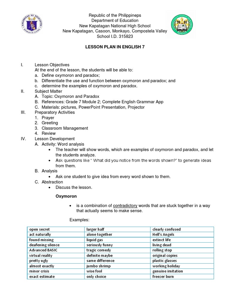 LESSON PLAN IN ENGLISH 7 Oxymoron Vs Paradox | PDF | Lesson Plan ...