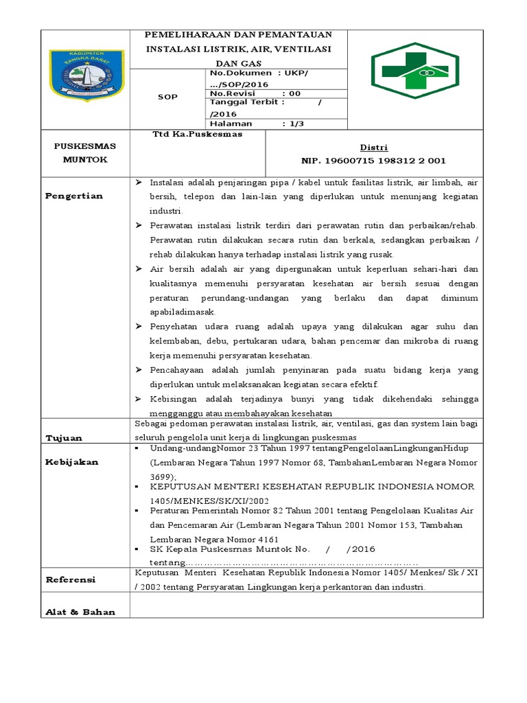 8512 Sop Pemeliharaan Dan Pemantauan Instalasi Listrik, Air, Ventilasi, Gas | PDF