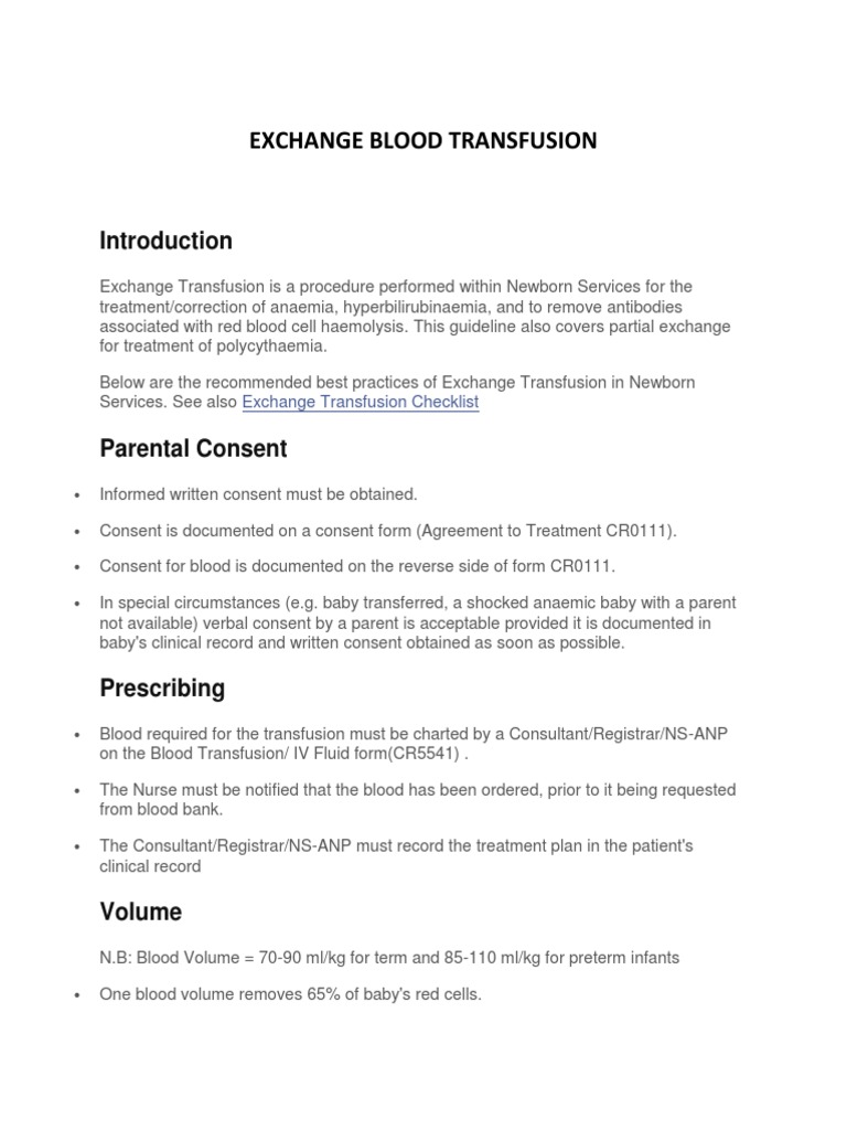 Newborn Exchange Transfusion Guidelines | PDF | Blood Transfusion ...