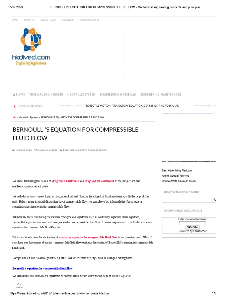 Bernoulli's Equation For Compressible Fluid Flow | PDF | Fluid Dynamics | Compressible Flow