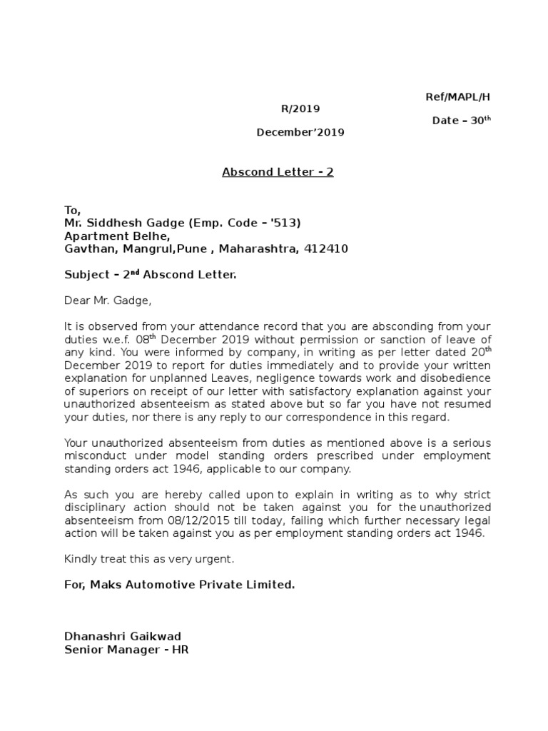 Absence Warning Letter-2 | PDF