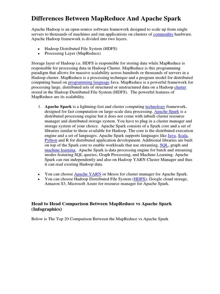 Differences Between MapReduce and Apache Spark | PDF | Apache Spark ...