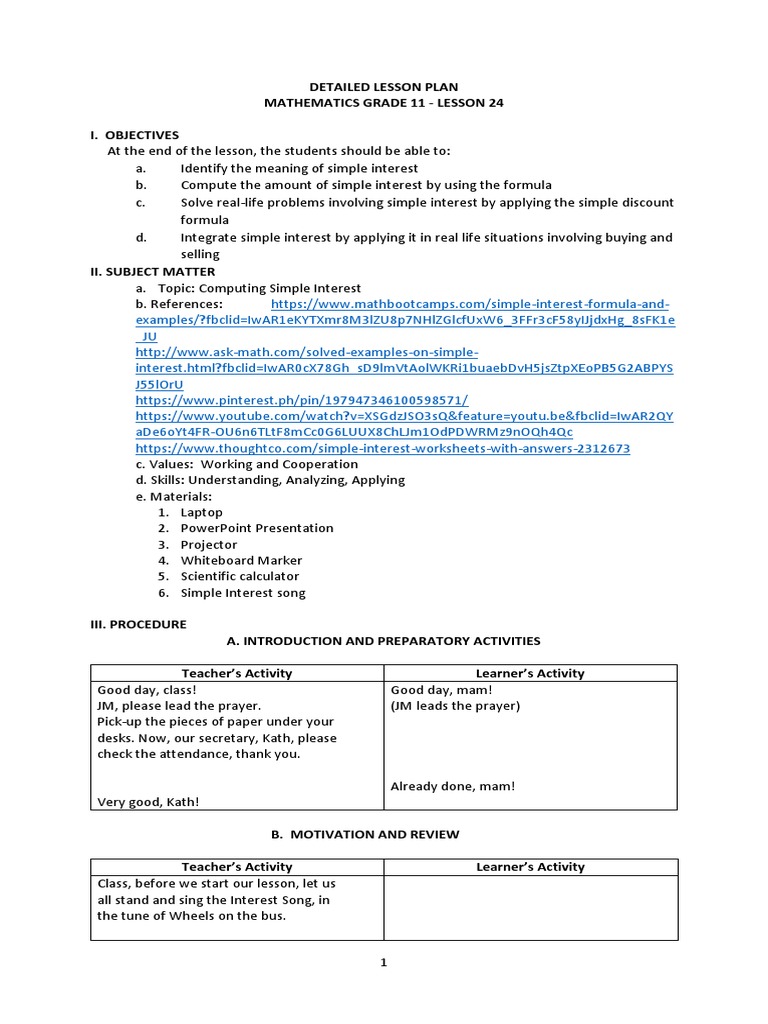 Grade 11 Simple Interest Lesson Plan | PDF | Percentage | Interest