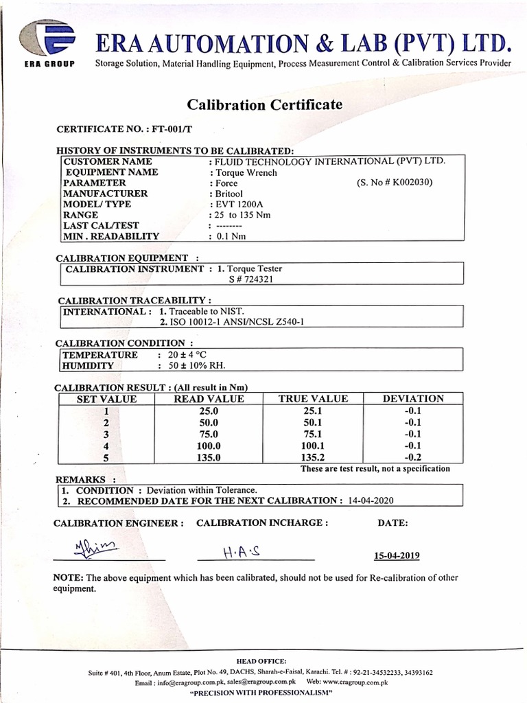 30torque Wrench Calibration Certificate 2 | PDF
