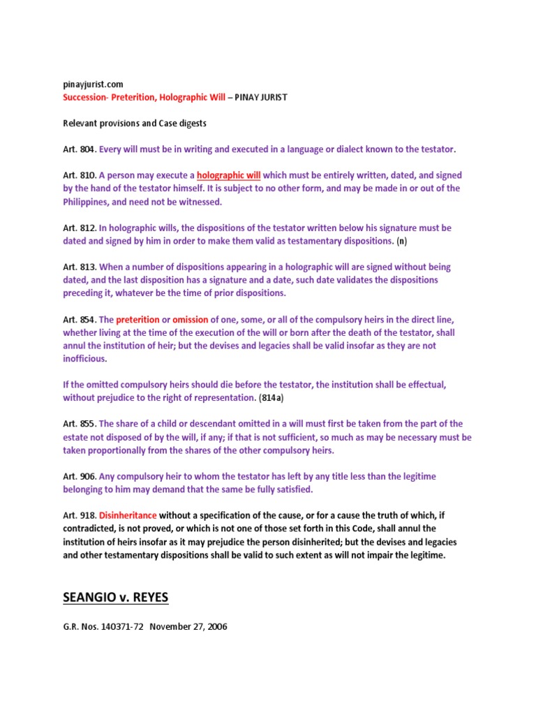 Preterition in Philippine Succession Law | PDF | Will And Testament ...
