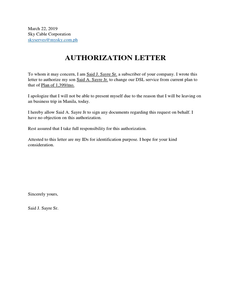 Authorization Letter for DSL Change | PDF | Finance & Money Management