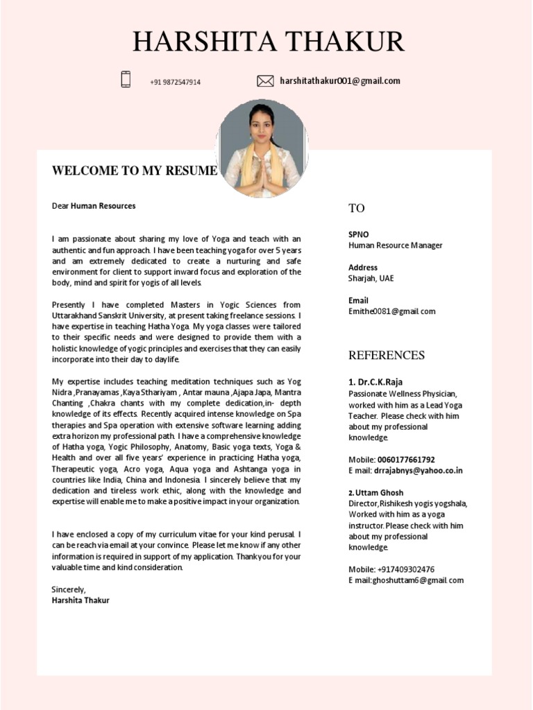 Harshita Thakur's Yoga Instructor Resume | PDF | Hatha Yoga | Yoga