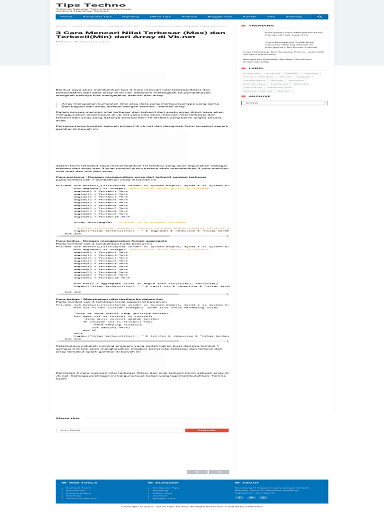 3 Cara Mencari Nilai Terbesar (Max) Dan Terkecil (Min) Dari Array Di VB - Net - Tips Techno | PDF