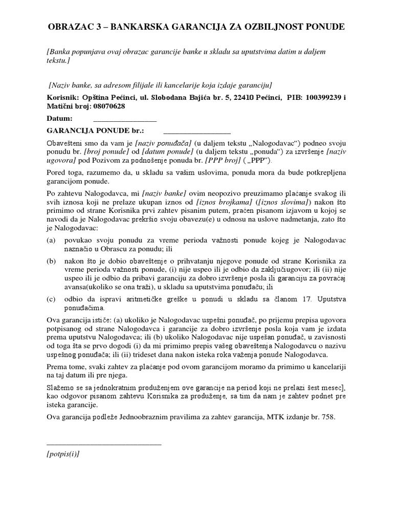 4 - Deo A - Obrazac 3 - Tenderska Garancija Za Ozbiljnost Ponude | PDF