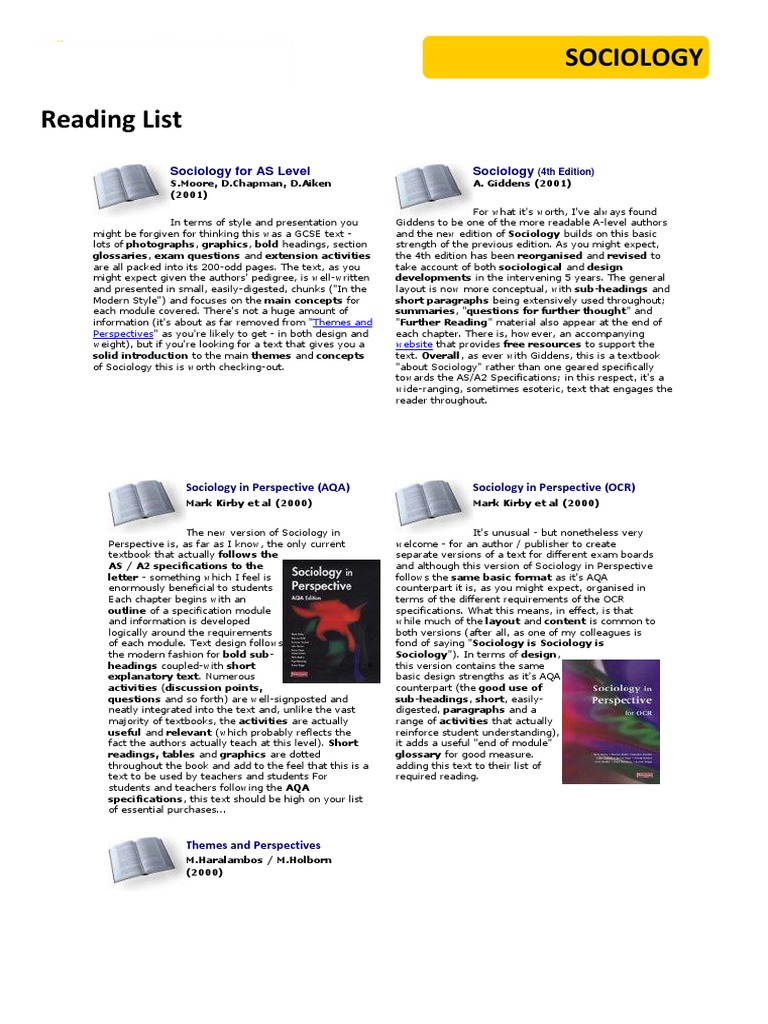 AS Sociology Reading List - 1 | PDF | Gce Advanced Level (United ...