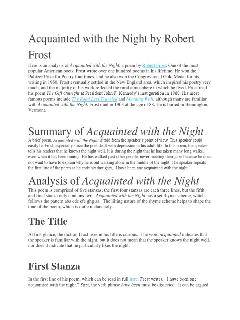 Acquainted With The Night by Robert Frost | PDF | Poetry