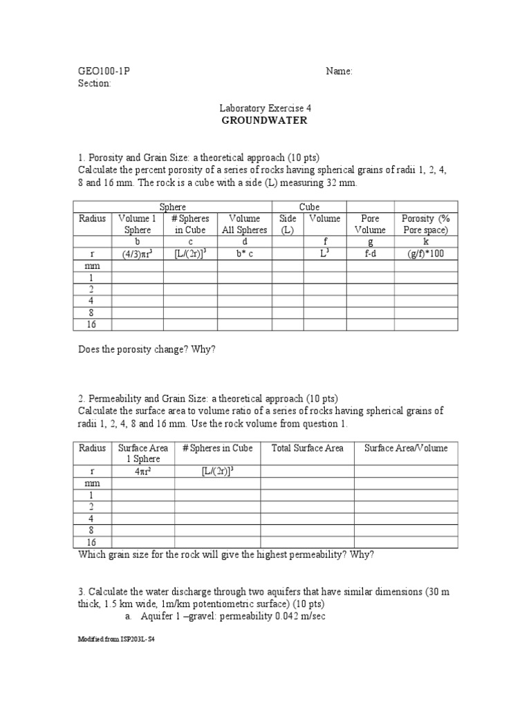 Lab 4-Groundwater | PDF | Aquifer | Porosity