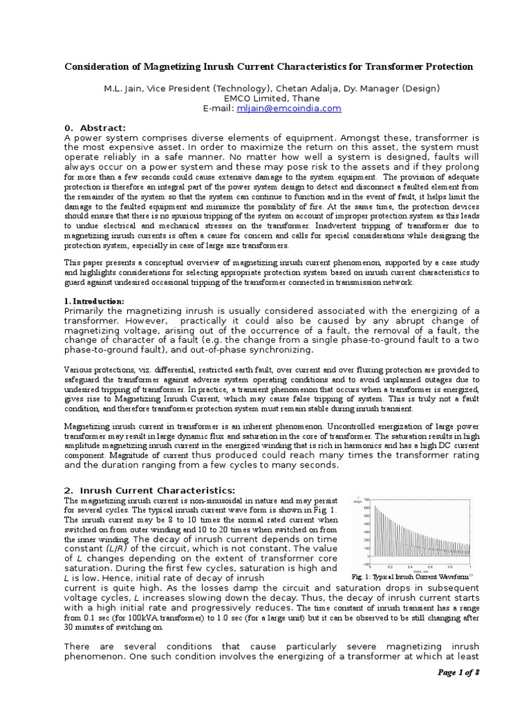 Consideration of Magnetizing Inrush Current Characteristics For ...