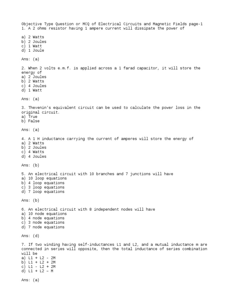 Multiple Choice Questions on Electrical Circuits and Magnetic Fields ...