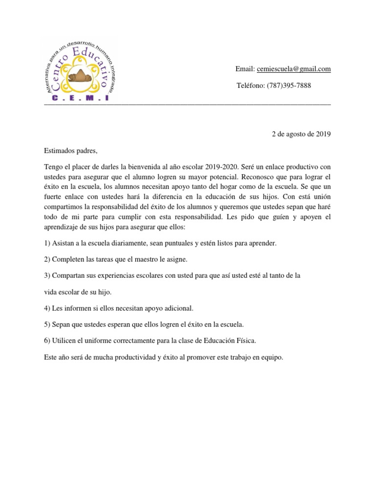 Carta De Bienvenida A La Escuela Para Los Padres De Parte Del Maestro