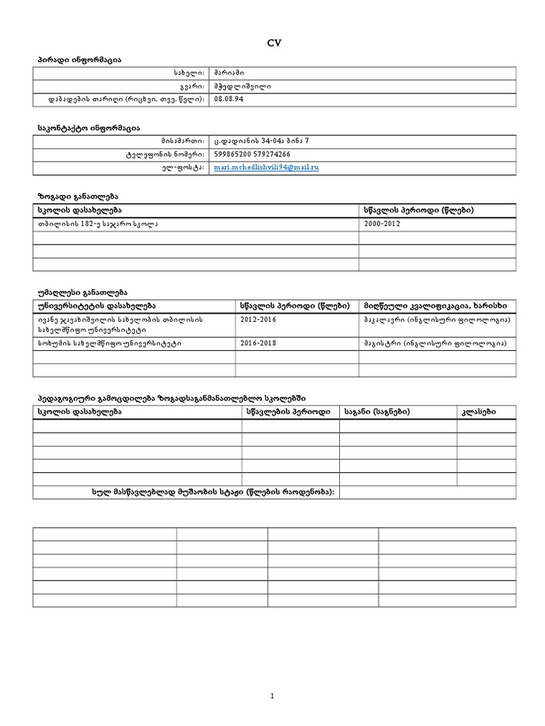 CV Mariam Mchedlishvili | PDF