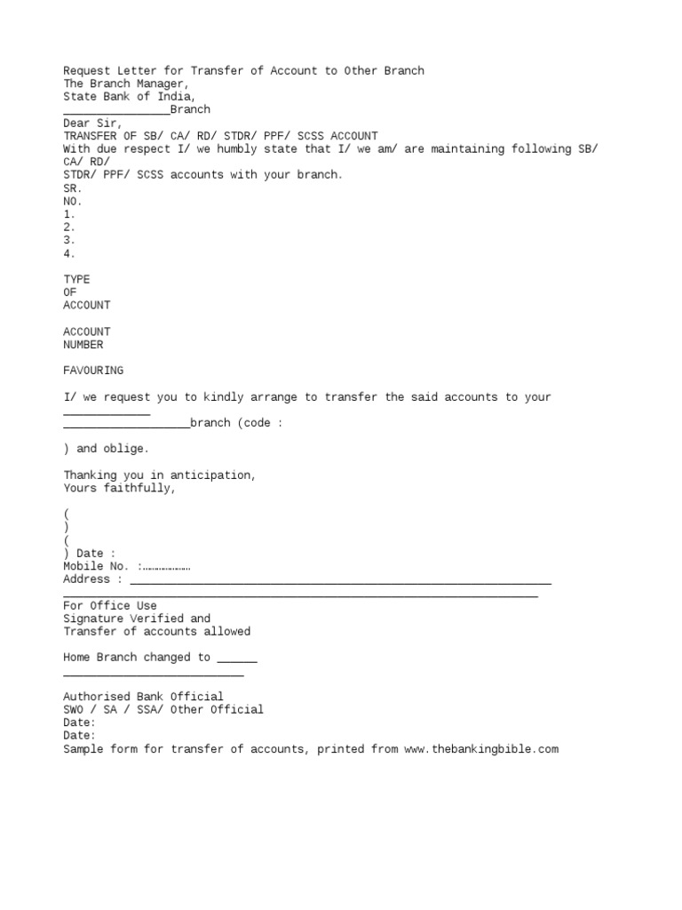 SBI Account Transfer Format | PDF