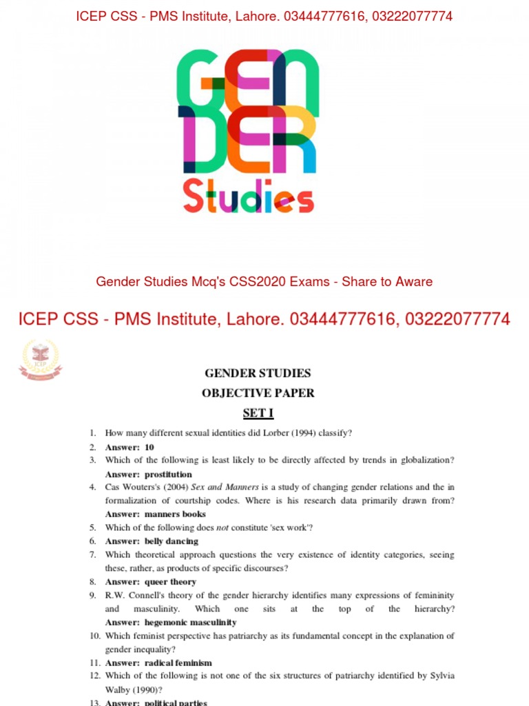 ICEP CSS - PMS Institute, Lahore (MCQ'S Gender Studies) | PDF ...