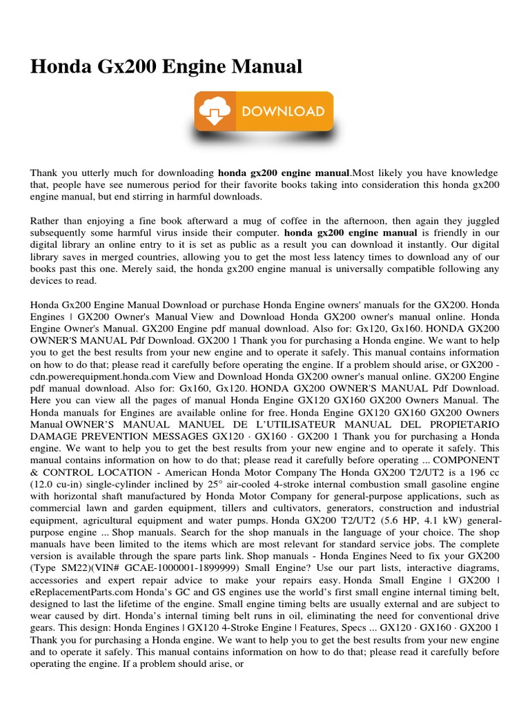 Comprehensive Owner's Manual for Honda GX200 Small Engine Provides ...