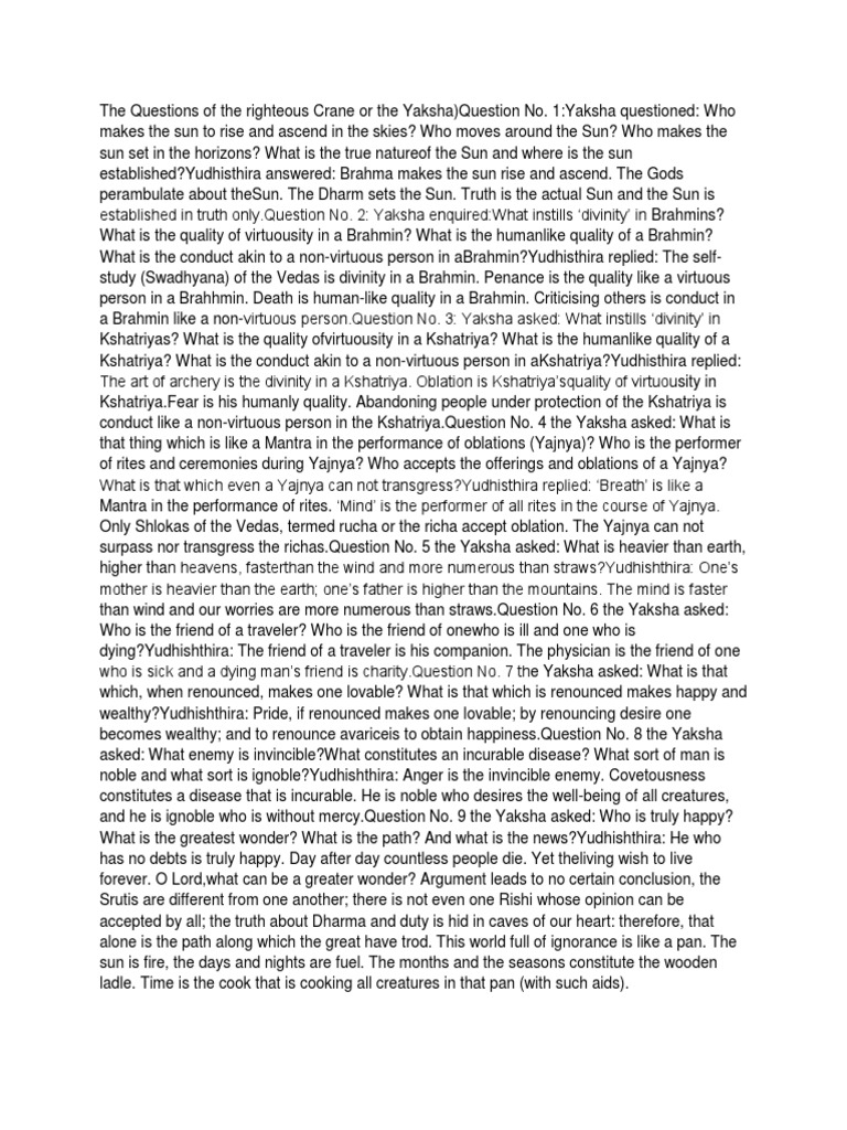 The Questions of The Righteous Crane or The Yaksha) Question No | PDF ...