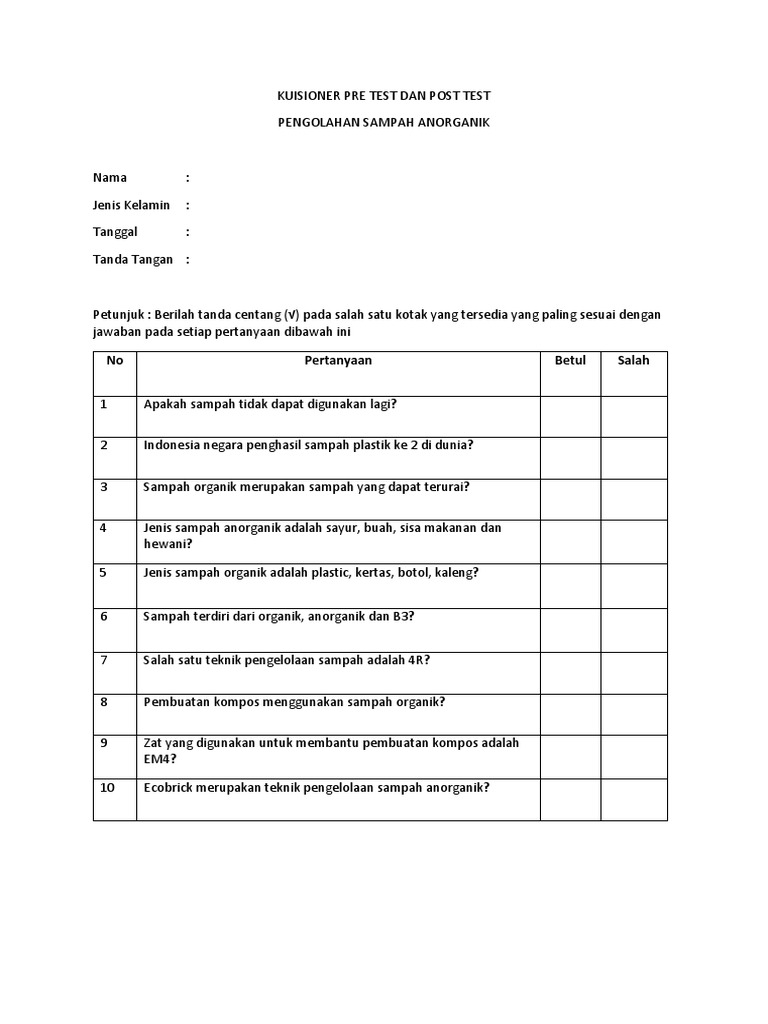 Kuisioner Pre Test Dan Post Test | PDF