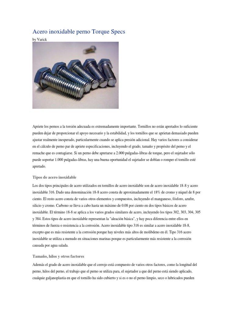 Acero Inoxidable Perno Torque Specs | PDF | Acero inoxidable | Acero