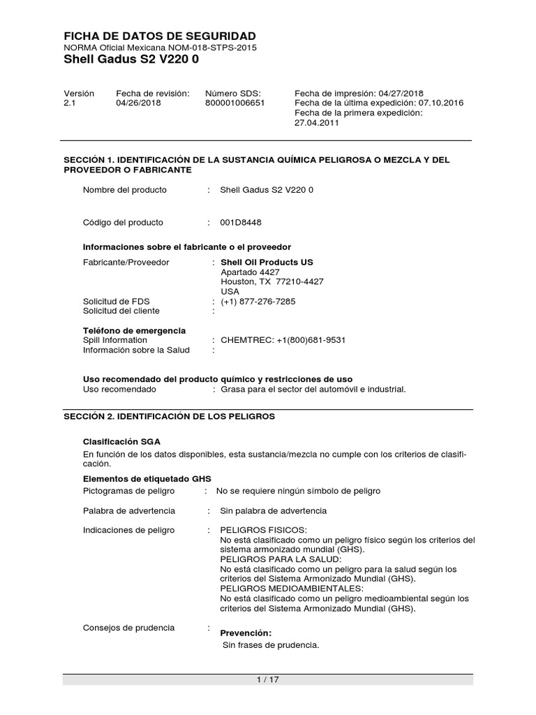 Ficha de Seguridad Shell Gadus S2 V220 0 | PDF | Guante | Contaminación
