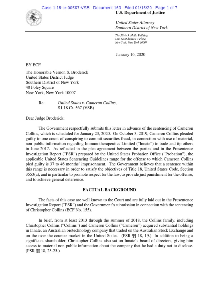 Cameron Collins Sentencing Gov Letter | PDF | United States Federal ...