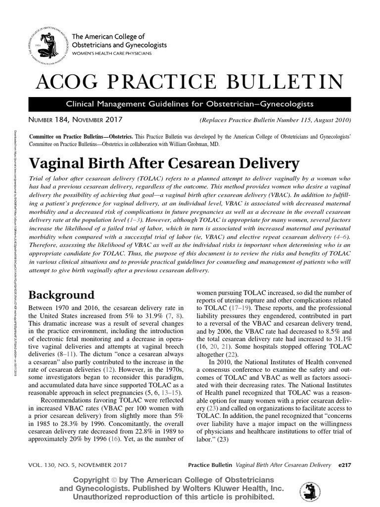 Vaginal Birth After Cesarean Delivery ACOG | PDF | Caesarean Section ...