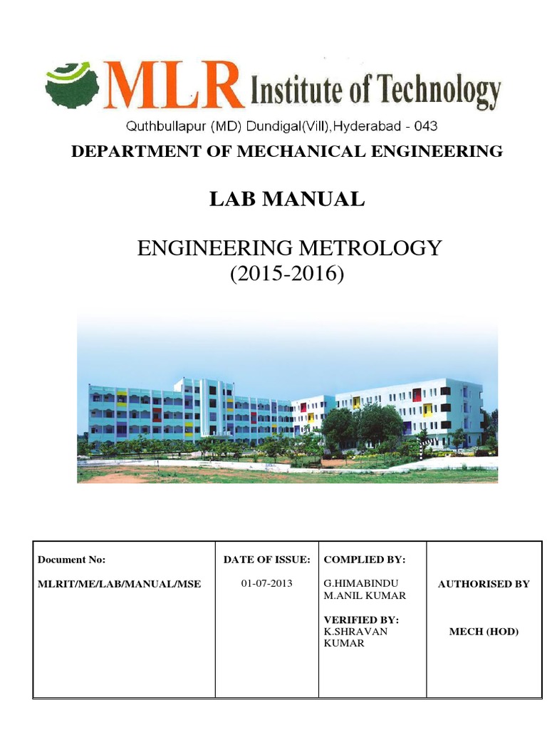 MLR Institute of Technology - Lab Manual Engineering Metrology | PDF ...