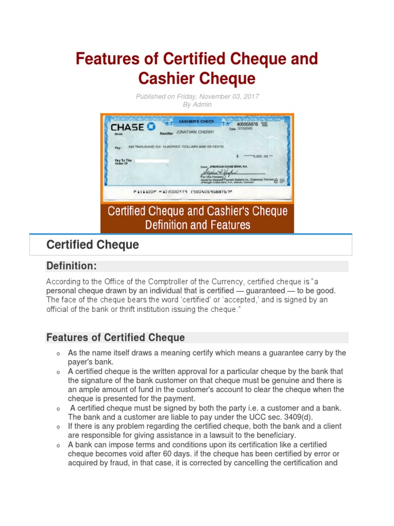 Certified Cheque and Cashier Cheque | PDF | Cashier's Check | Cheque
