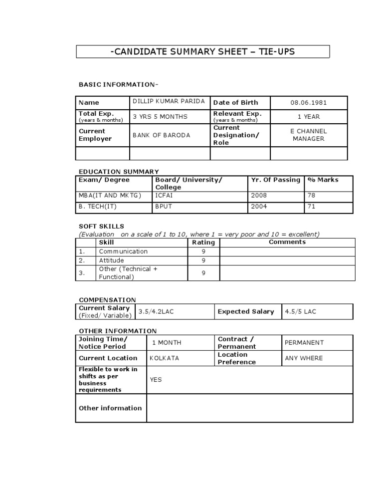 Candidate Summary Sheet1111 | PDF