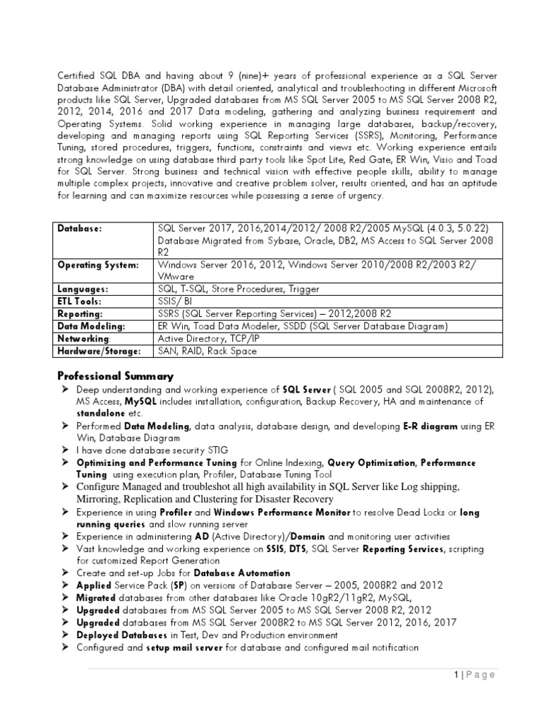 SQL Server DBA Resume Overview | PDF | Microsoft Sql Server | Databases