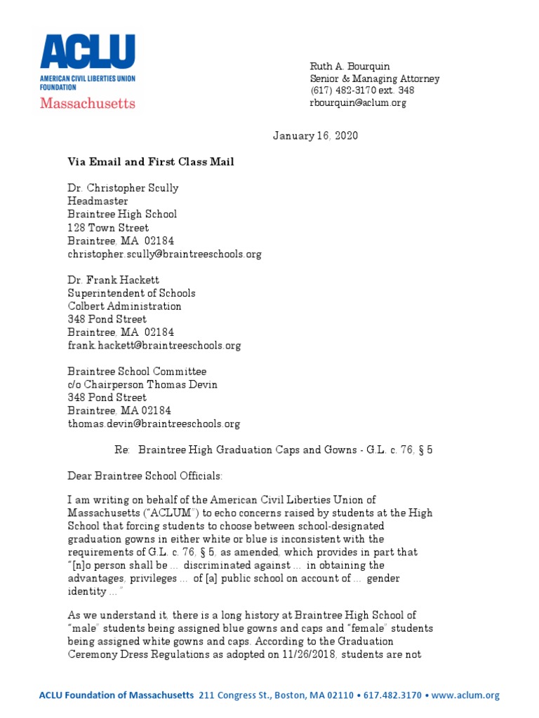 ACLU Letter To Braintree School Officials | PDF | Transgender ...