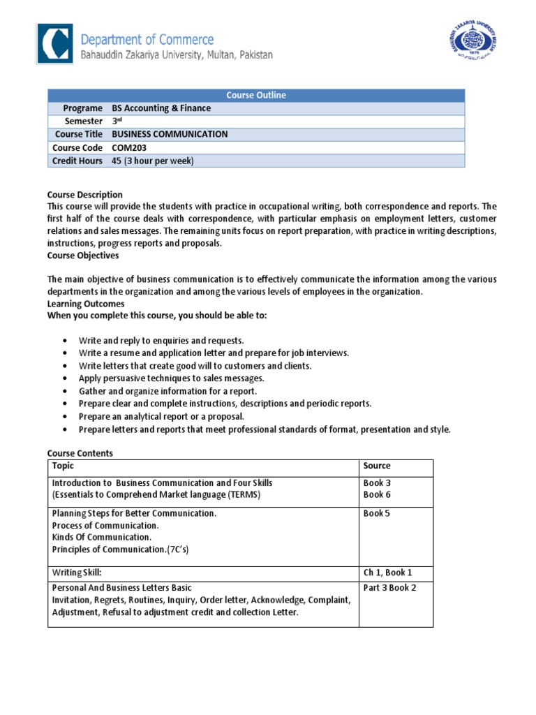 Business Communication Course Outline | PDF | Lecture | Communication