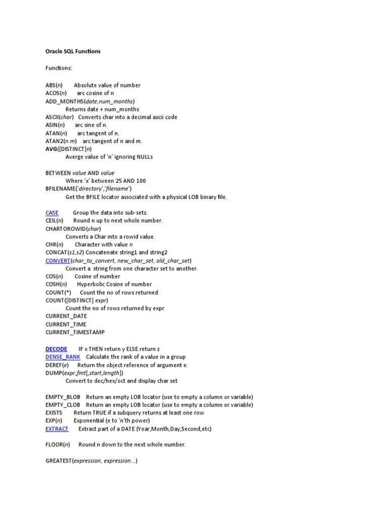 Oracle Sql Functions Pdf Trigonometric Functions Data Management Software
