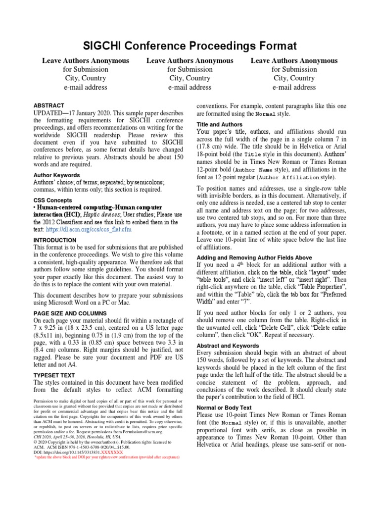 SIGCHI CHI20 Sample Paper | PDF | Arial | Microsoft Word