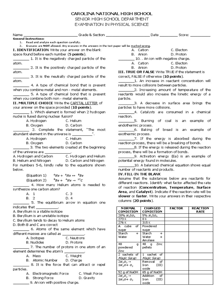 Physical Science Exam | PDF | Chemical Reactions | Ion