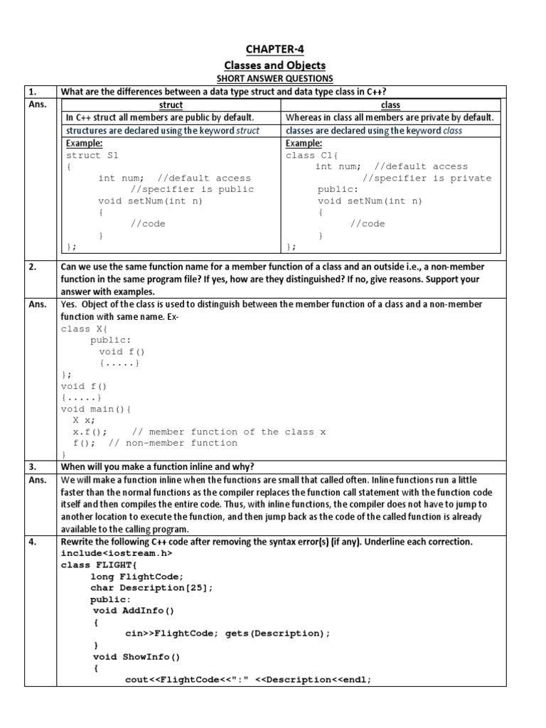 Class 12 Sumita Arora C++ ch04 Classes and Objects PDF | PDF | Subroutine | Class (Computer ...