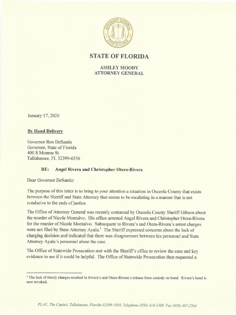 Florida's Attorney General letter to Gov. DeSantis