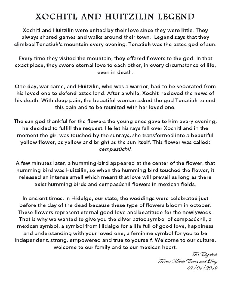 Xochitl and Huitzilin Legend | PDF
