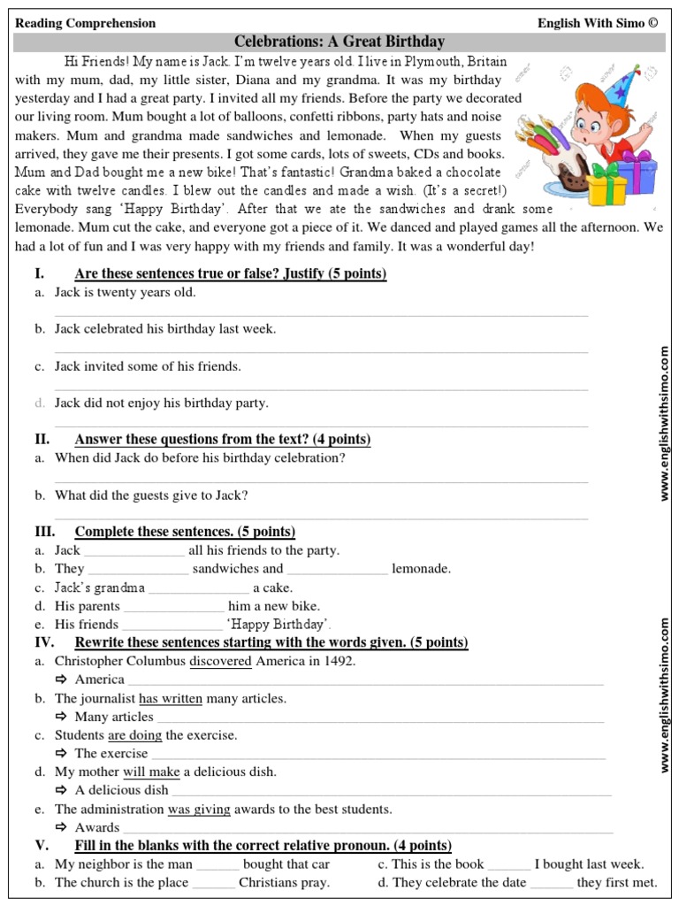 Reading Comprehension About Birthday Celebration and Other Exercises | PDF