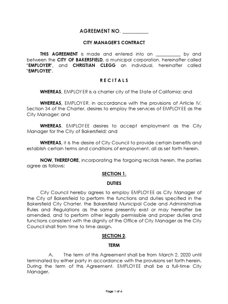 City Manager Agreement | Download Free PDF | Indemnity | Employment