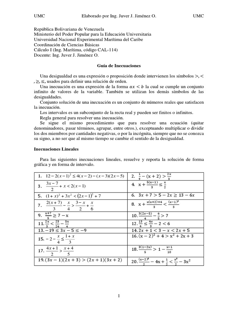 Guía de Inecuaciones | PDF | Desigualdad (Matemáticas) | Intervalo (Matemáticas)