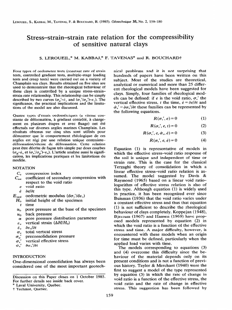Leroueil Et Al-Compressibility of Sensitive Clays-Geotechnique-1985 PDF | PDF | Deformation ...