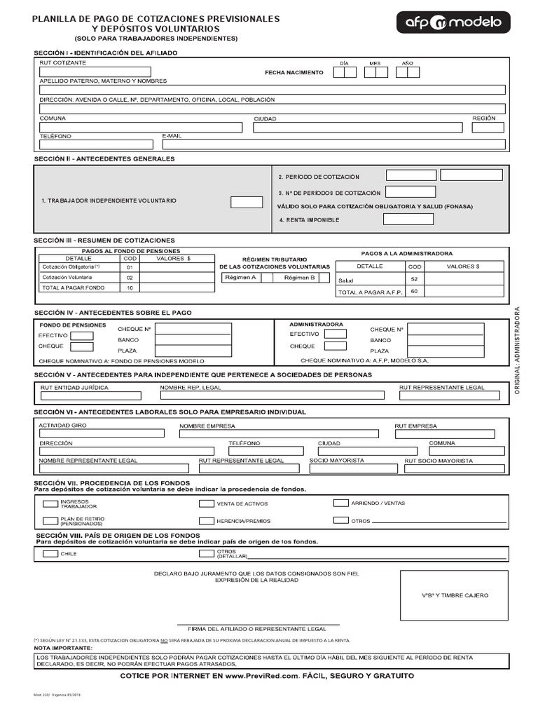 Planilla pago AFP MODELO-INDEPENDIENTE VOLUNTARIA).pdf | Economía demográfica | Ingresos