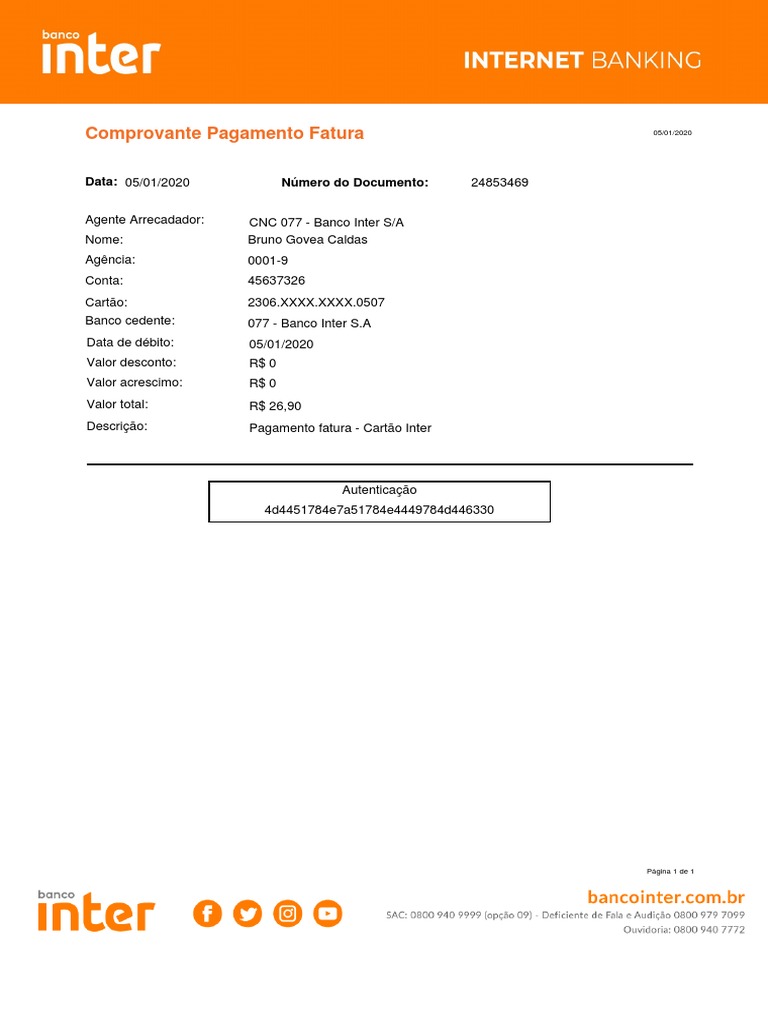 Comprovante Pagamento Fatura Banco Inter | PDF