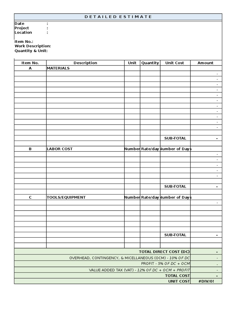 Detailed Estimate Template | PDF | Cost | Value Added Tax