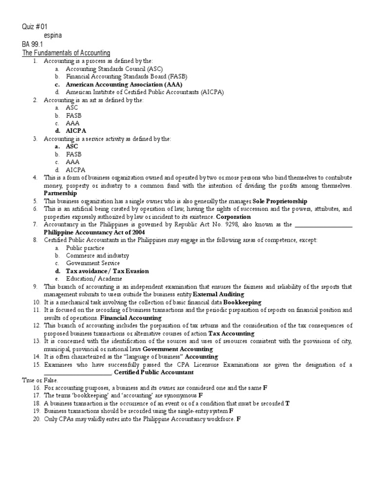 Quiz # 01 Basics of Accounting - Answer Key | PDF | Certified Public ...